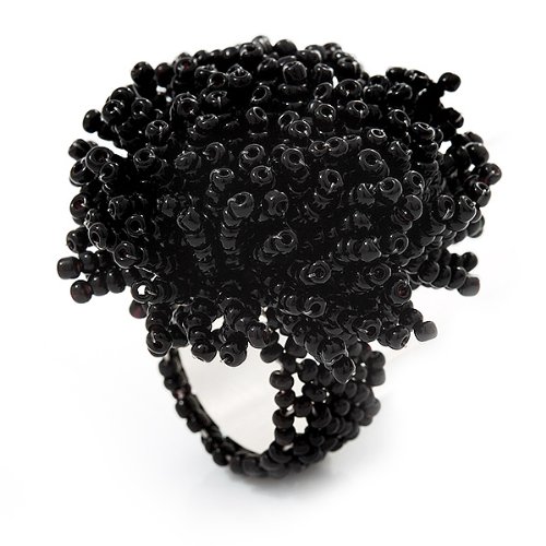 Avalaya Large Black Glass Bead Flower Stretch Ring