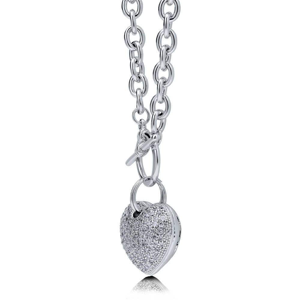 BERRICLE Heart Cubic Zirconia CZ Anniversary Toggle Pendant Necklace for Women, Silver-Tone
