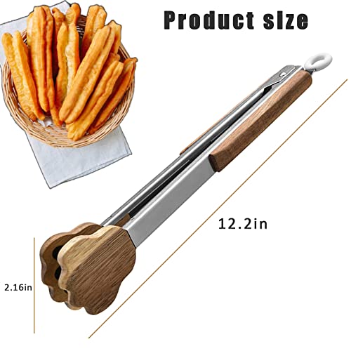 COMUSTER Acacia wood food clamp is cute cat claw type, with hanging hole design, wooden heat insulation handle, stainless steel clamp, which are easy to grip handle various delicacies