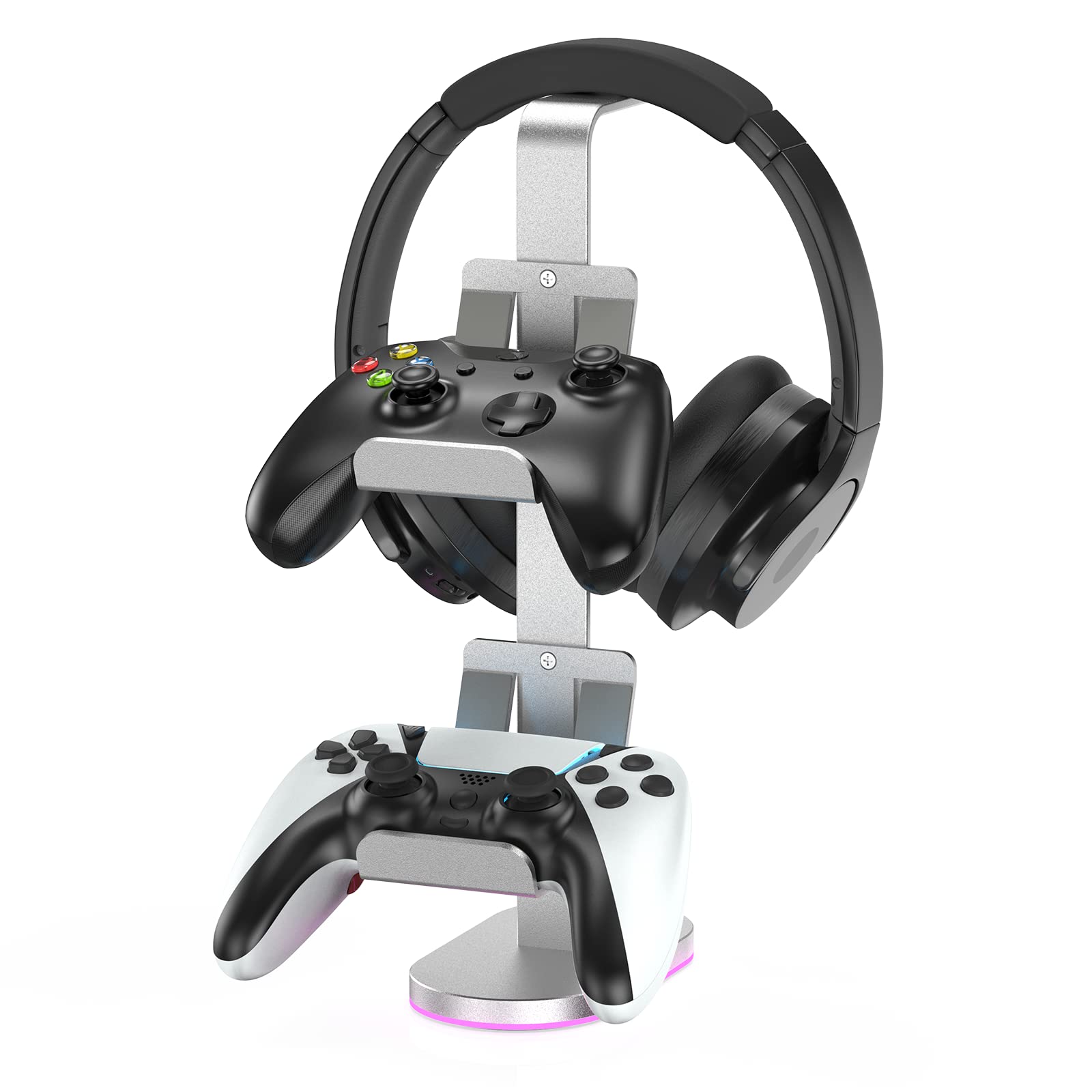 AUGEX Controller Holder, Game Controller Rack RGB Gaming Headset Stand for Xbox Series X S/Xbox one / PS5 / PS4 / Switch/Headset, Aluminum Metal Mount Universal Organizer for Game Accessories