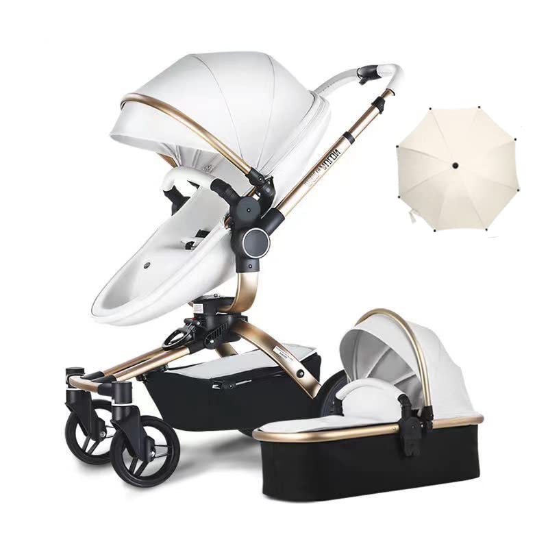 Baby Stroller Baby Carriage PU Leather Pushchair Pram, High Landscape Infant Stroller & Reversible Bassinet Pram, Foldable Newborn Stroller with Adjustable Canopy, Cup Holder, Storage Basket (A-White)