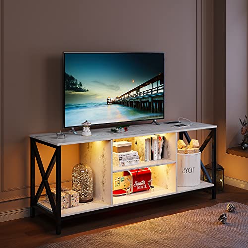HNEBC LED White TV Stand with USB/Wireless Charging Station,Television Stands with Auto Induction/Adjustable LED Lights,TV Stand for 65+ inch TV and Storage Cabinet Suitable for Living Room (White)