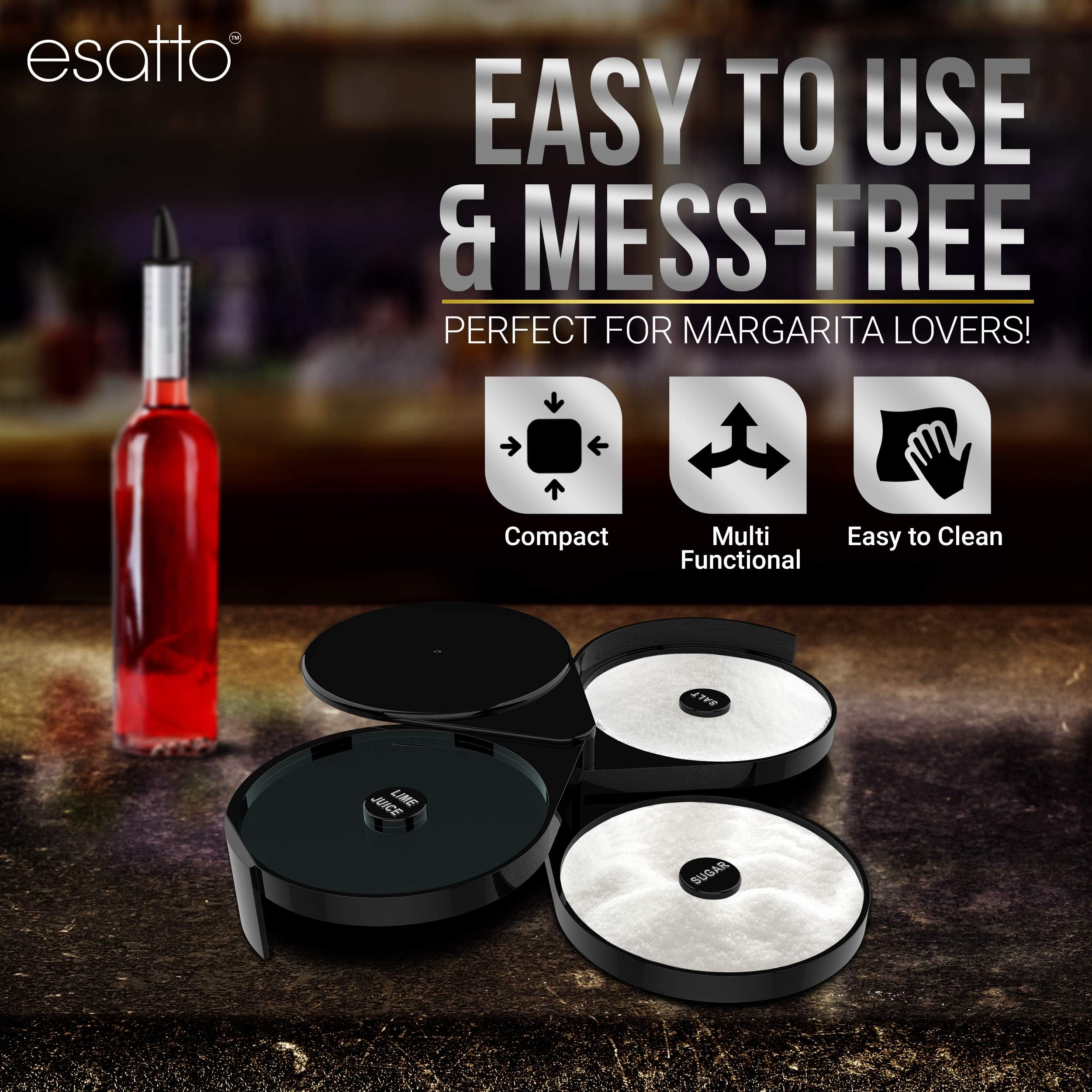 Esatto Glass Salt Rimmer 3 Tier for Margarita Tray and Cocktail, White with 2 Extra Sponge’s + 3 Pourers – Apply Salt, Sugar, and Lime Juice for Better Drinks and Efficient Drink Preparation