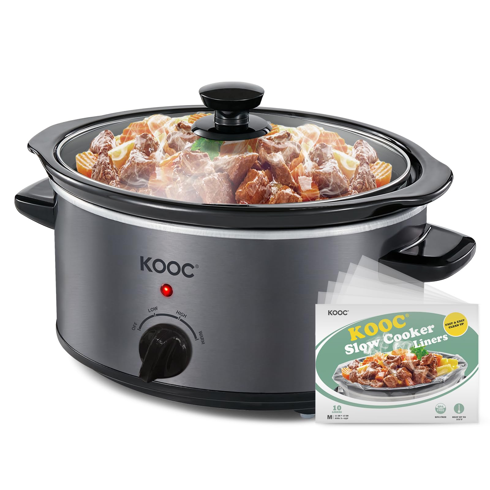KOOC 4 Quart Slow Cooker, Free Liners Included for Easy Clean-up, 3 Temperature Settings, Dishwasher Safe Crock, Stainless Steel, GREY, Ellipse