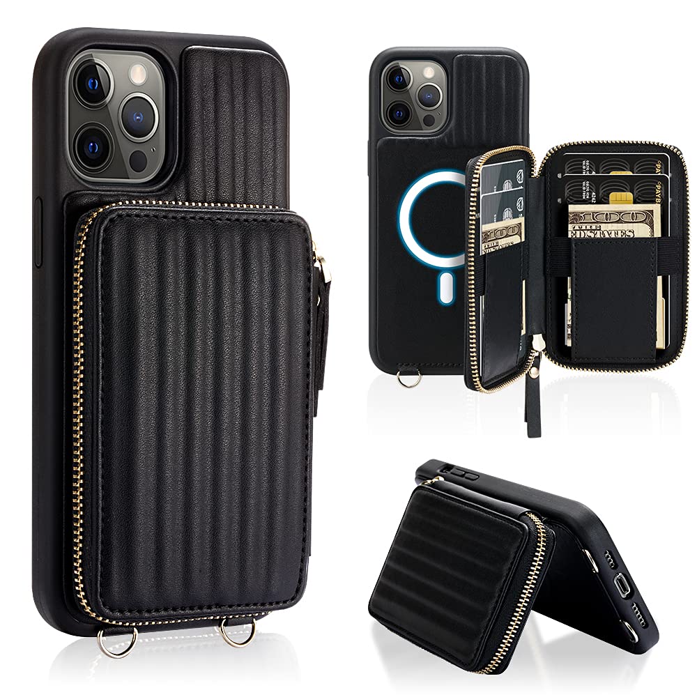 JLFCH for iPhone 12 Pro Max Wallet Case with Crossbody Chain Wrist Strap Card Holder Zipper Purse Compatible with Apple iPhone 12 Pro Max 6.7 inch - Black
