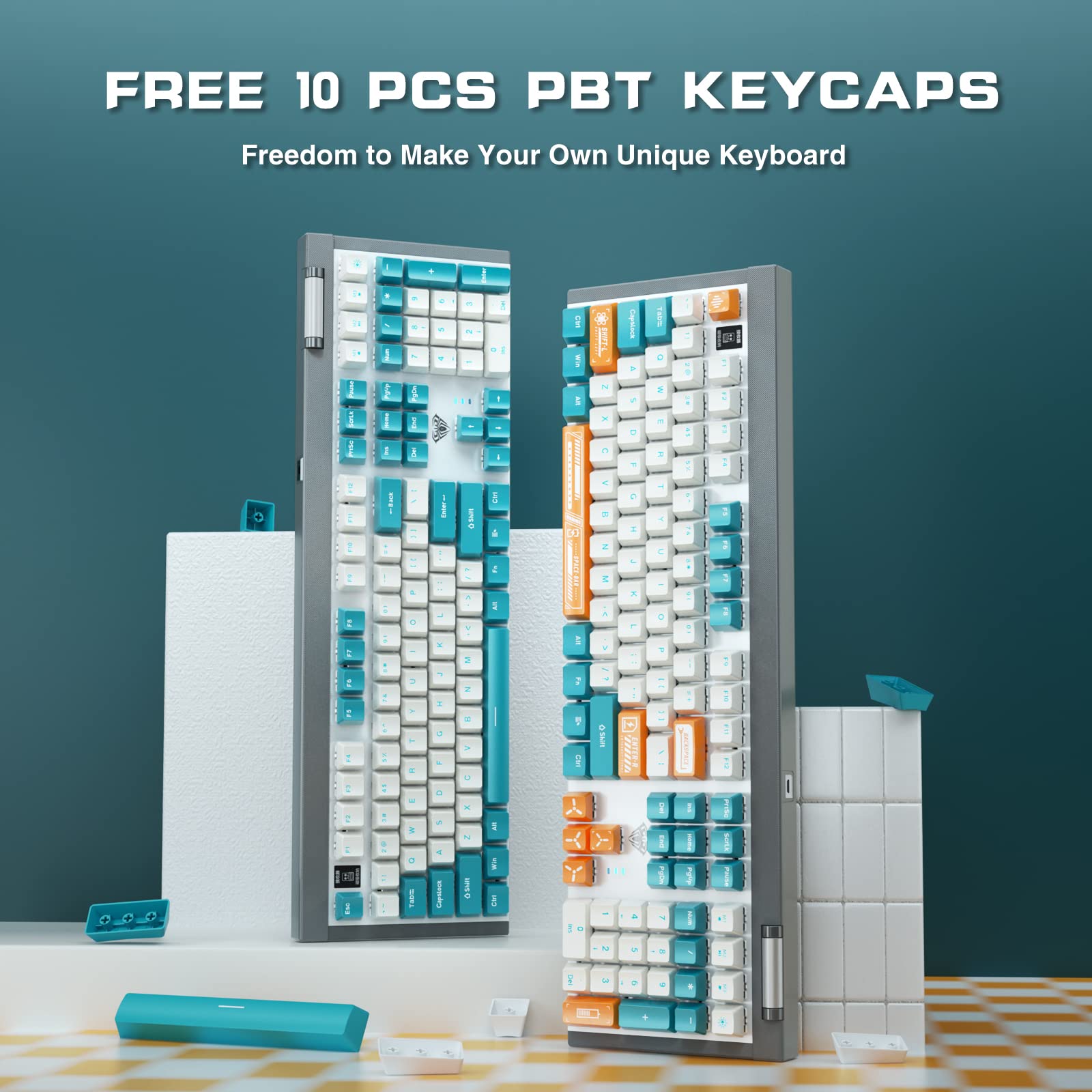 AULA F3050 Wireless Mechanical Keyboard, Custom Hotswap Keyboard for Windows PC Gaming, Full Size Computer Gamer Keyboard, LED Backlit Keys, Wireless/Wired Connection, Blue Switch