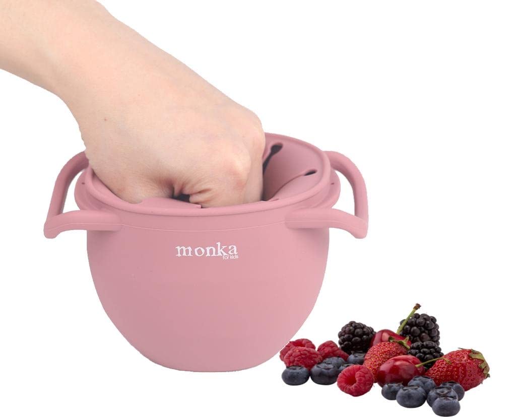 BPA Free Silicone Cups Set of Two - Food Catcher - Sippy Cup - Non Toxic Material - Silicone Straw - Foldable Snack Cup -for Babies and Toddlers - by MONKA (pink)