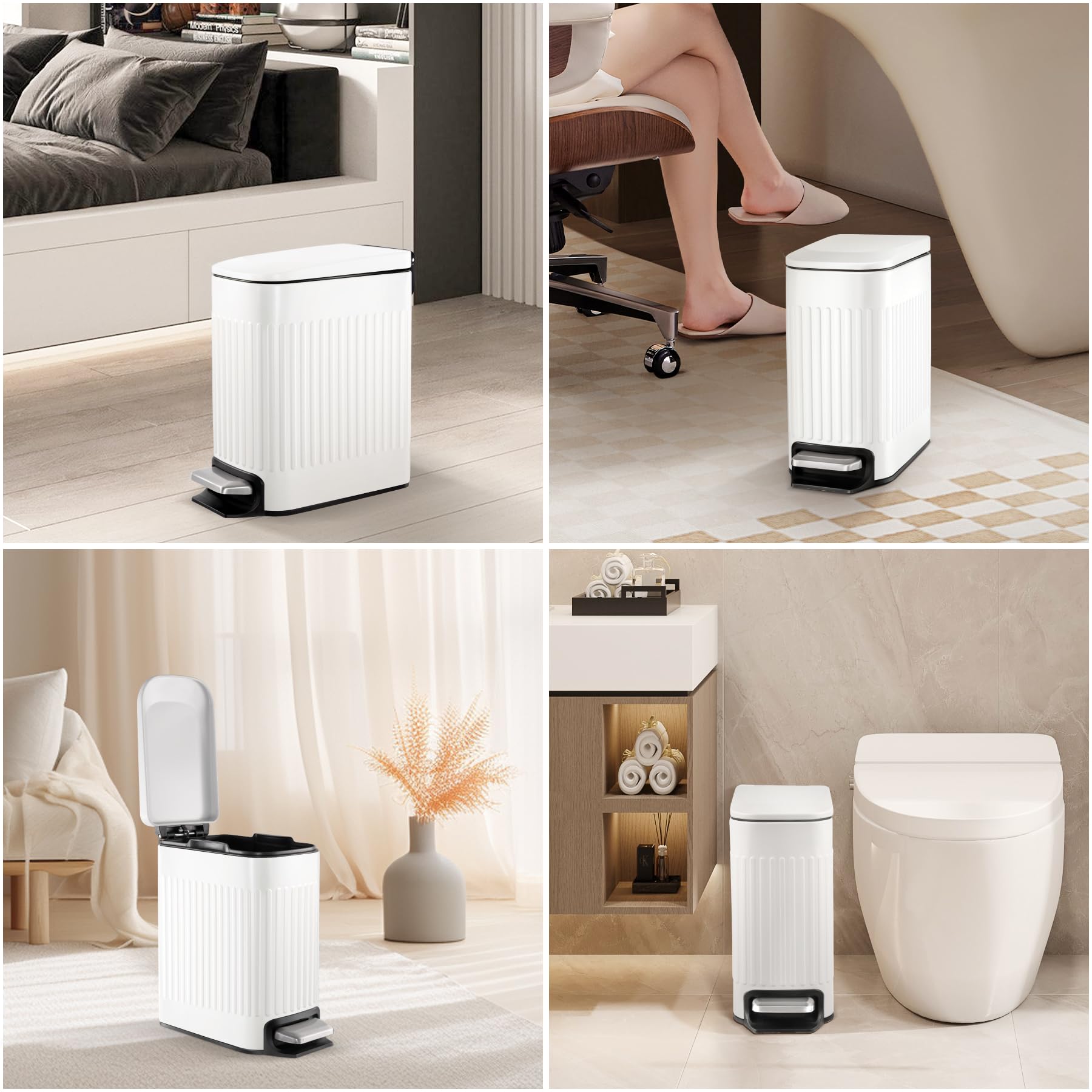 Cesun Bathroom Trash Can with Lid, 1.6 Gallon Small Metal Garbage Can with Foot Pedal, Slim Waste Basket for Bathroom, Office, Bedroom, Laundry, White
