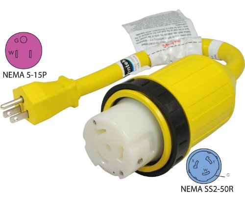 Conntek 14222 RV 1.5-Foot Pigtail Adapter Power Cord 15 Amp Male Plug To 50 Amp 125/250 Volt Locking Female Connector , Yellow