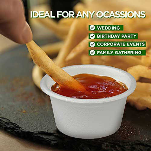 Fit Meal Prep [100 Pack] 2 Oz 100% Compostable Disposable Condiment Cups, Biodegradable Bagasse Fiber Souffle Portion Cups, Eco-Friendly Sample Cups for Tasting, Dip Sauce, Snack, Microwave Safe