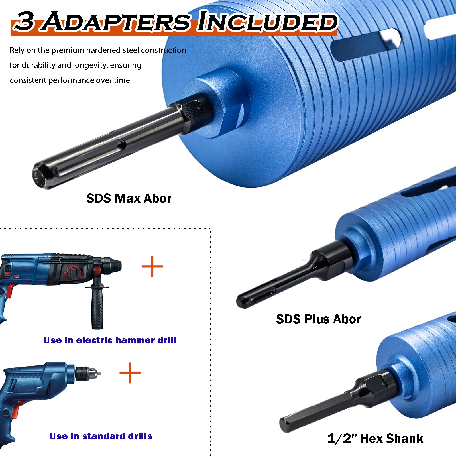 DaduoRi 2" Dry Core Drill Bit for Brick and Block with 3 Adapters Included: SDS Plus, SDS Max and 1/2" Hex Shank, 9.5" Drilling Depth Core Bits for Soft Concrete,Brick,Stucco,Masonry, 5/8"-11 Thread