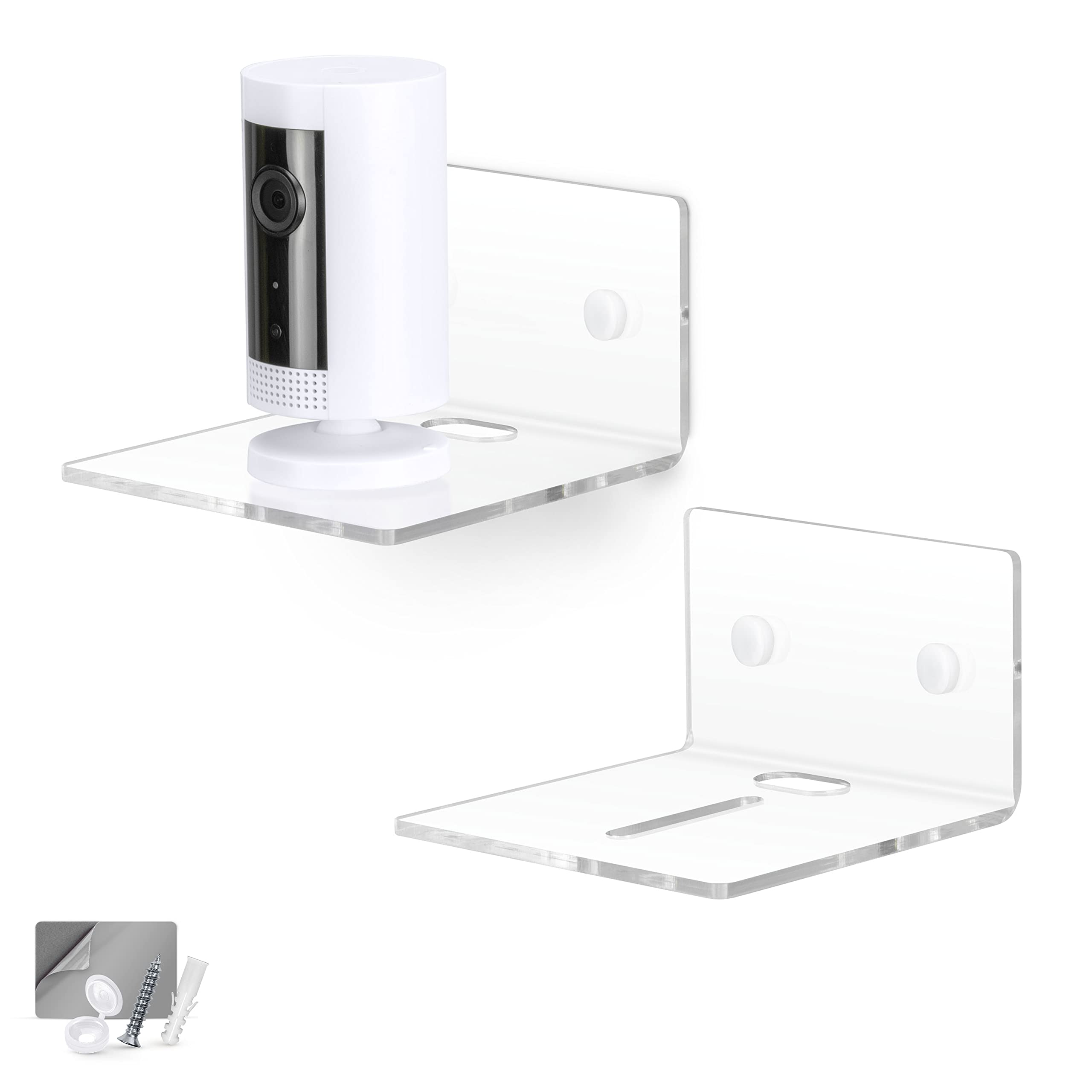 BRAINWAVZ 2Pack Adhesive 4" Small Baby Monitor Wall Mount Shelf, Also for Speaker, Security Camera, Decor, Universal Holder Shelves, Adhesive & Screw-in (Clear)