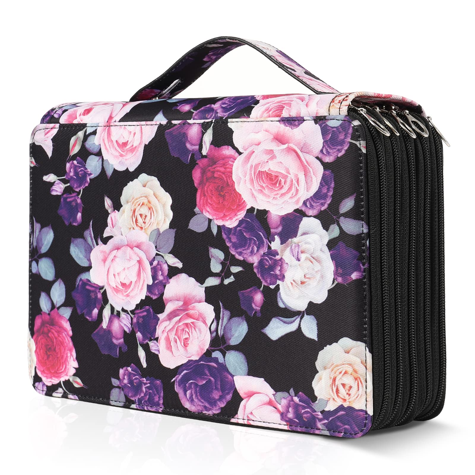 MEGREZ Portable Colored Pencil Case with Zipper, 252 Slots Large Capacity Pencil Bag Oxford Cloth Pencil Holder Organizer for Adult Artist Storing Watercolor Pens or Markers, Rose Pattern)
