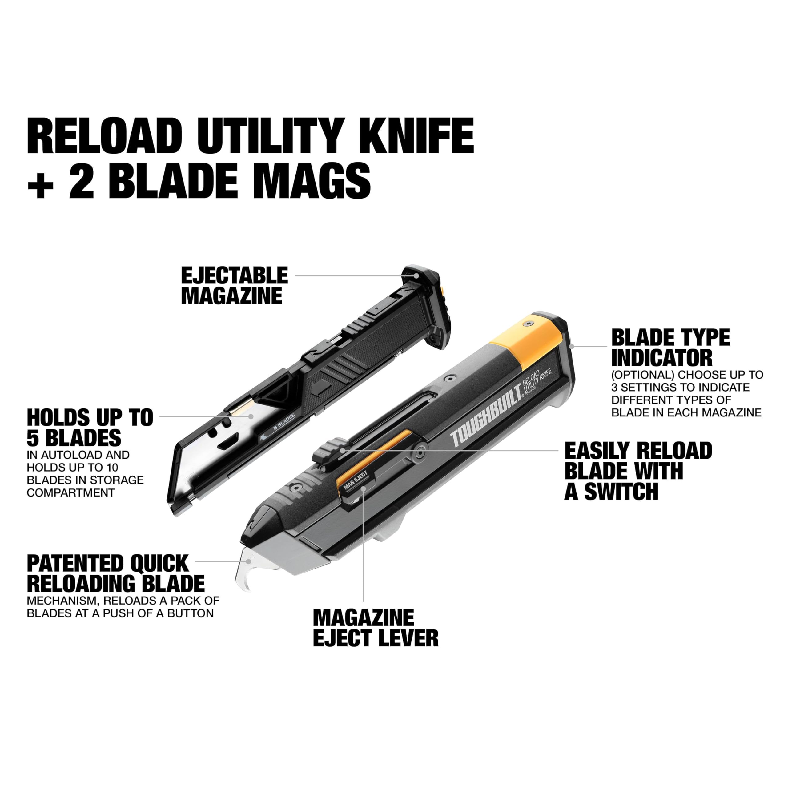 ToughBuilt Utility Knife + 2 Blade Mags, (TB-H4S2-03)