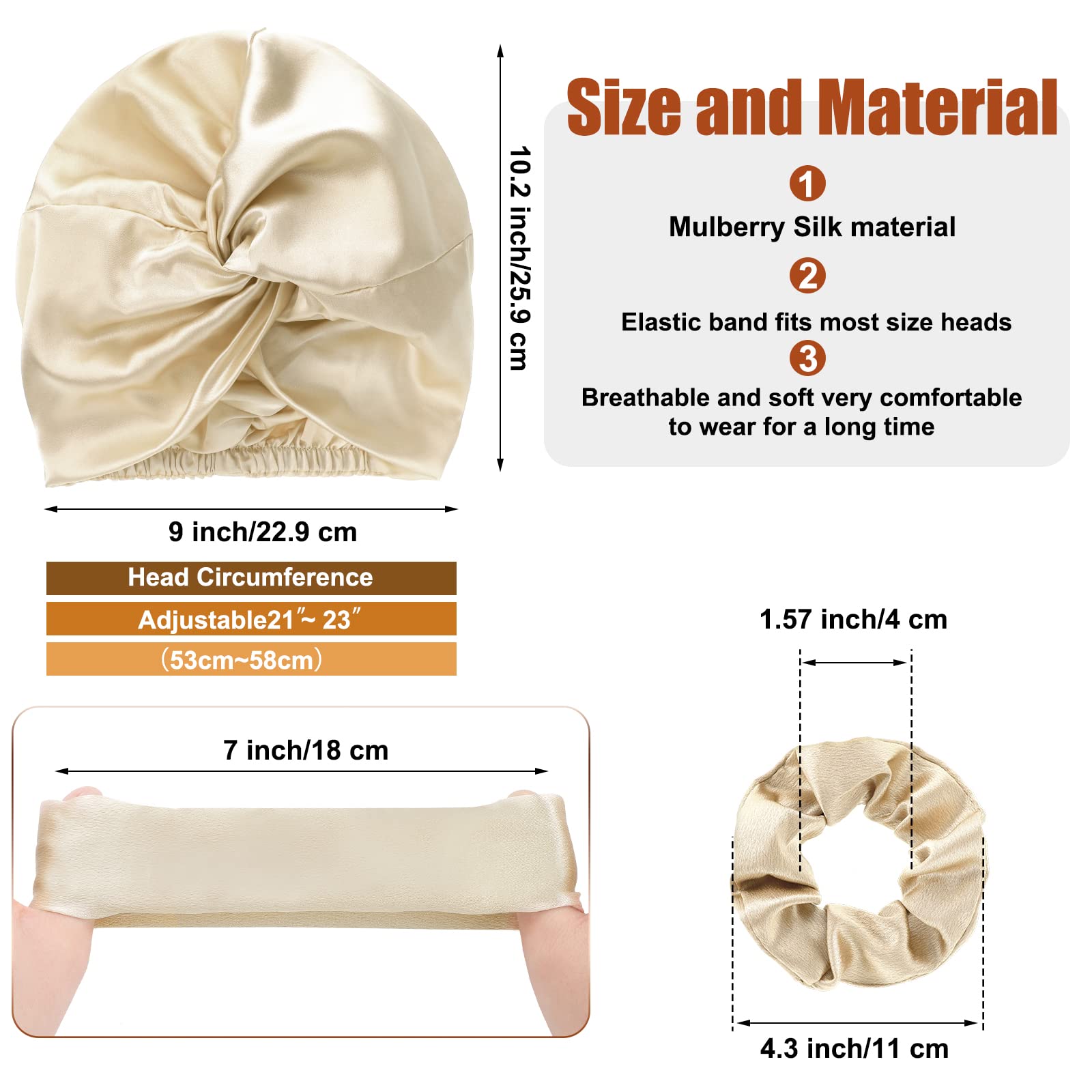 Geyoga 6 Pcs Reusable Large Silk Bonnet Hair Wrap for Sleeping, Natural Silk Scrunchy, Soft Scrunchies, Silk Ponytail Holder for Women's Hair Care (Black, Beige)