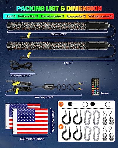 CO LIGHT Fat Spiral LED Whip Lights Thick Antenna 2FT Remote Control RGB Chasing/Dancing Light for UTV ATV 2PCS, APP-Supported 300 Colors & 200 Modes with Turn Signal, Brake Light, Reversing Light