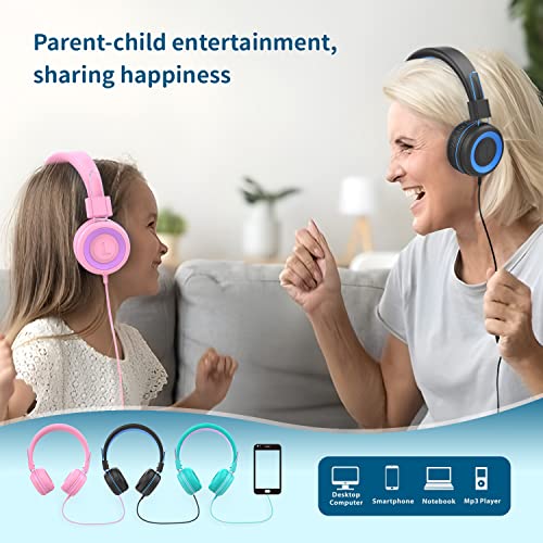 Kids Headphones Wired Headset for School with Adjustable Headband,3.5mm Jack Foldable On-Ear Headphones with Sharing Cable for Girls Boys Teens Children,Pink