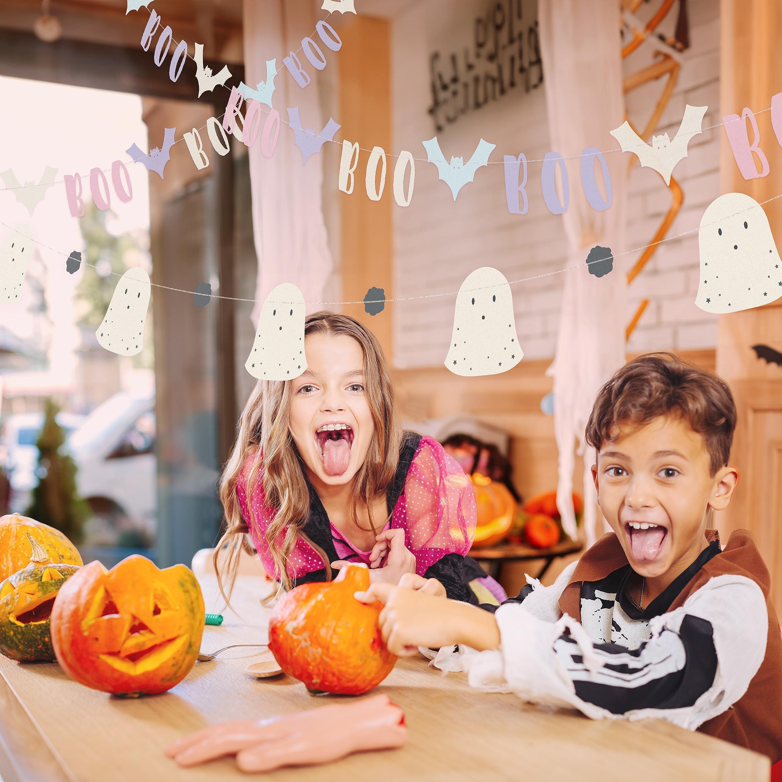 Cheerland Halloween Banners Pastel Bat Boo Ghost Garlands Photo Booth Background Backdrop for Themed Birthday Halloween Party Supplies - Pack of 2