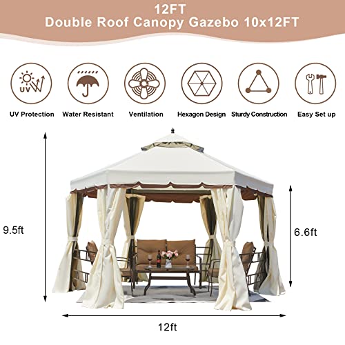 Erommy 12FT Outdoor Canopy Gazebo Hexagonal, Double Roof Patio Gazebo Steel Frame Pavilion with Netting and Shade Curtains for Garden,Patio,Party Canopy, Cream