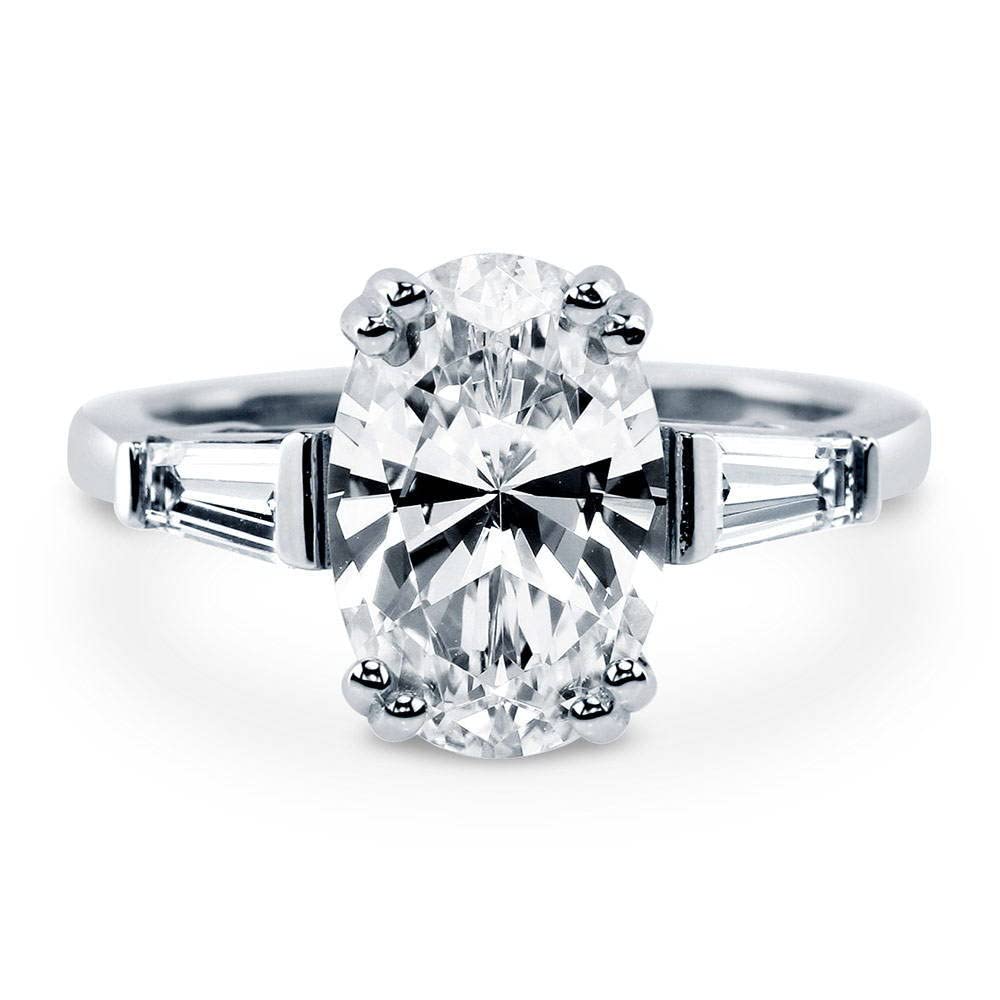 BERRICLE Sterling Silver 3-Stone Wedding Engagement Rings Oval Cut Cubic Zirconia CZ Anniversary Ring for Women, Rhodium Plated Size 9