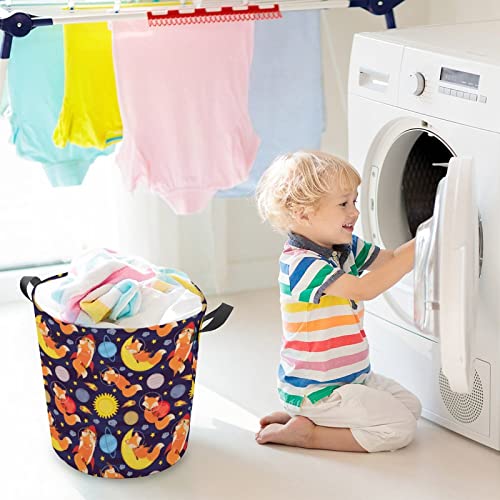 Cute Fox in Space Laundry Hamper Round Canvas Fabric Baskets with Handles Waterproof Collapsible Washing Bin Clothes Bag