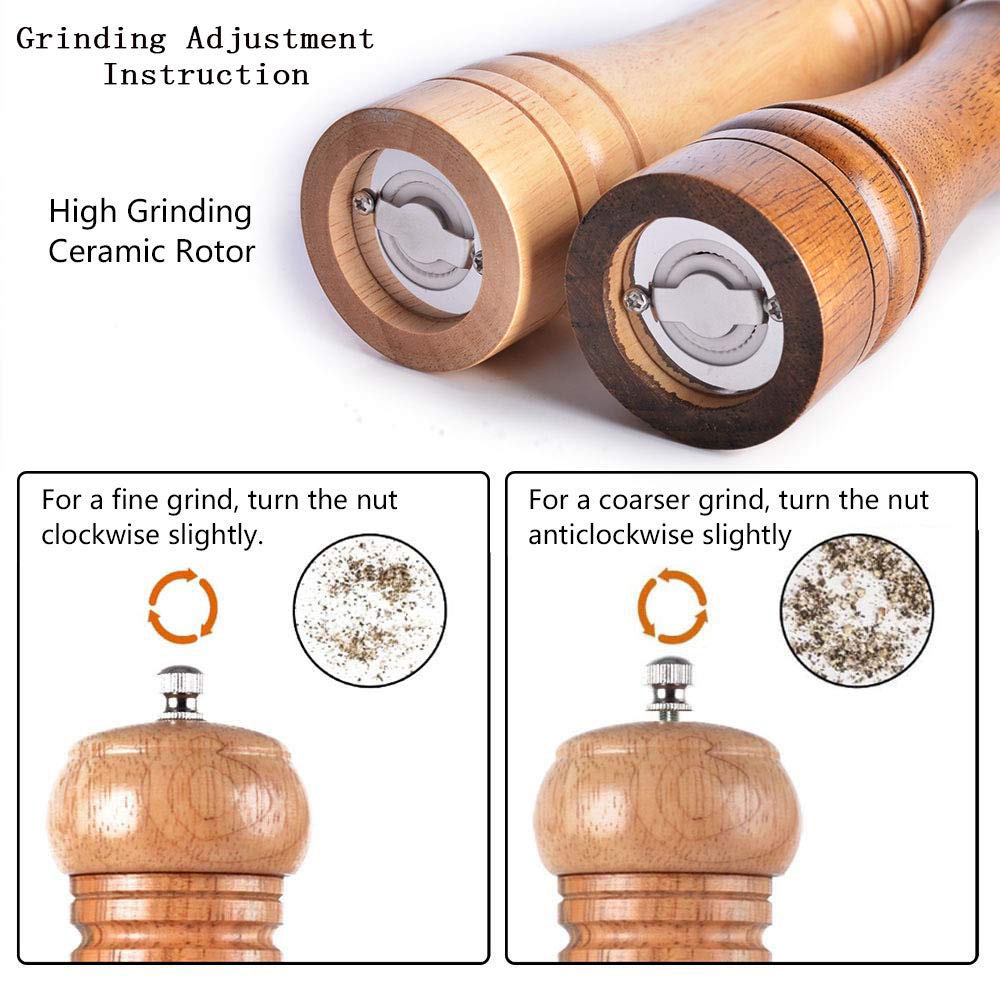 SZUAH Salt and Pepper Grinders, Oak Wooden Salt and Pepper Mills Shakers with Cleaning Brush & Wood Stand, Ceramic Rotor with Strong Adjustable Coarseness[Set of 2]