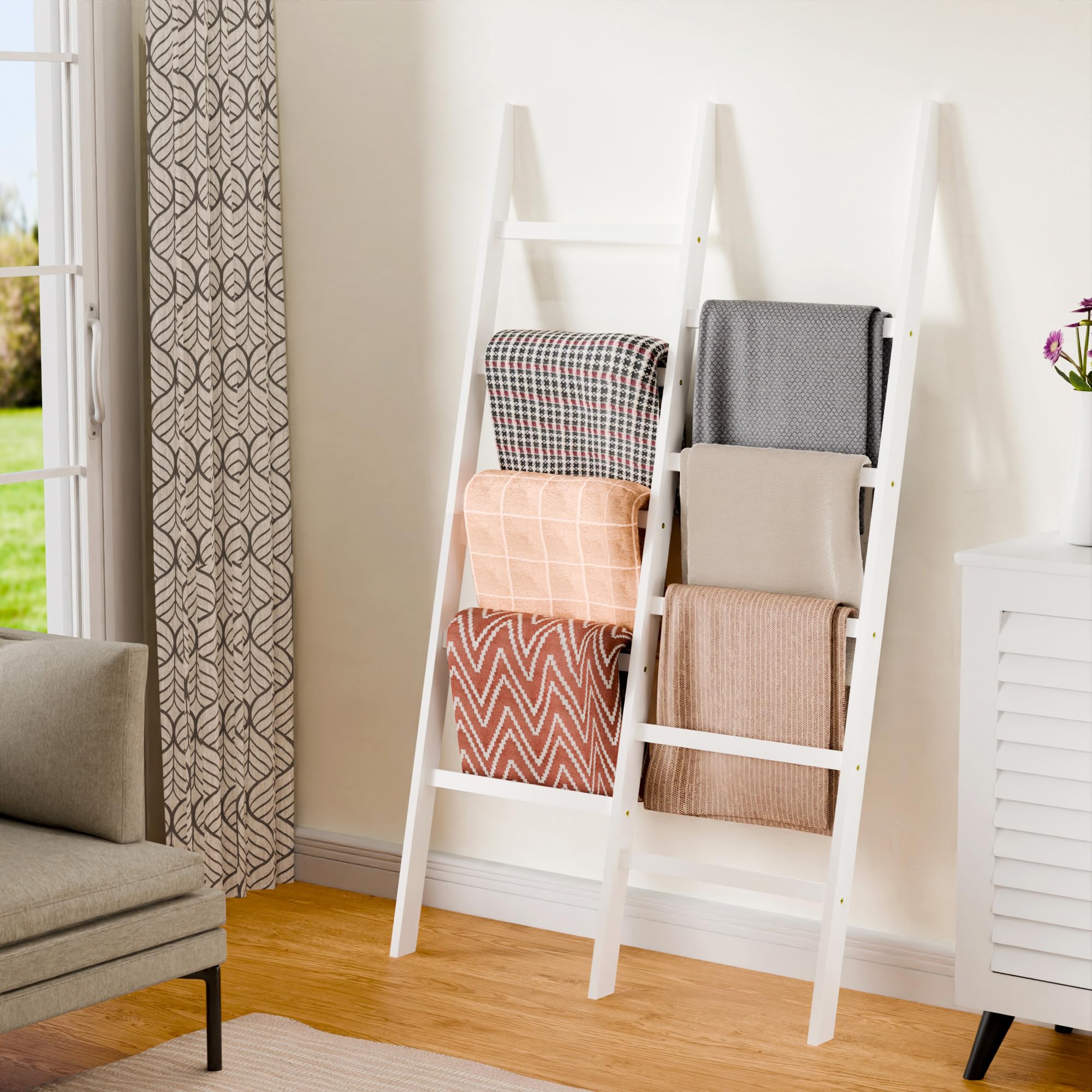 Daflymaco Blanket Ladder for Living Room - 10-Tier Bamboo Wood Blanket Ladder Quilt Ladder Rack Modern Decor Wall Leaning Ladder for Blankets Easy Assembly Blanket Holder for Home Bathroom White