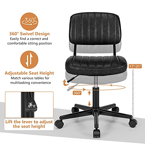 Giantex Leather Office Chair, Armless Low-Back Computer Desk Chair, Retro Swivel Rolling Task Chair Height Adjustable PU Leisure Office Chair for Kids Teens Adults (Black)