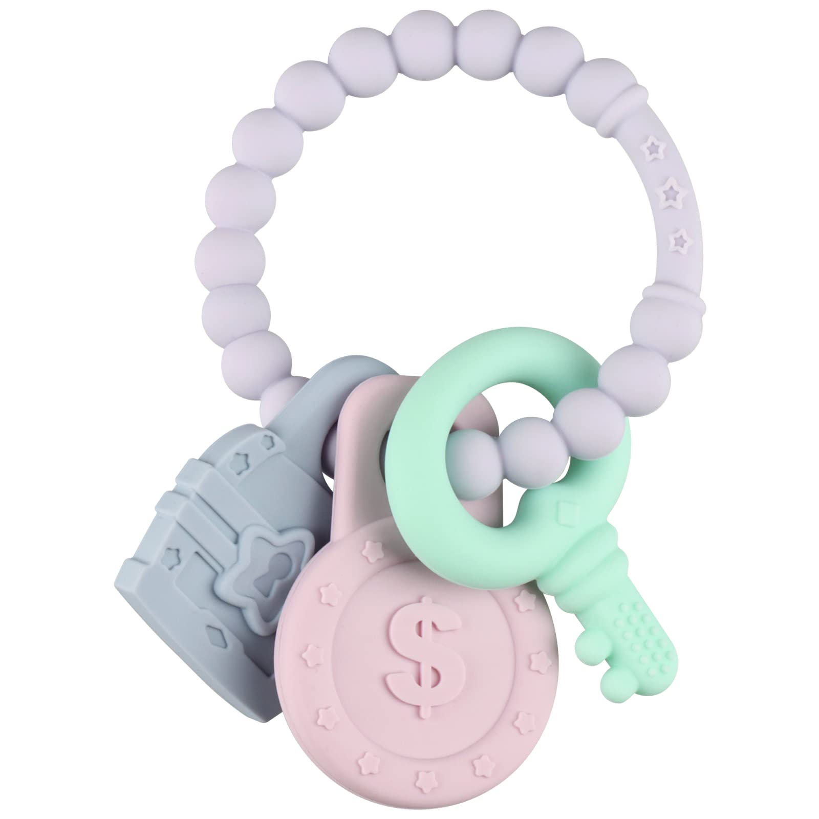 Baby Teething Toys, Silicone Chewable Teethers with Wooden Ring for Soothing Babies Gums, Shower Gift for lnfants & Toddlers, 3+ Months (Ring-Key 1)