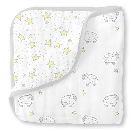 SwaddleDesigns 4-Layer Cotton Muslin Luxe Blanket, Baby and Toddler Cuddle and Dream, 46x46 inches, Sterling Little Lambs and Twinkle Stars