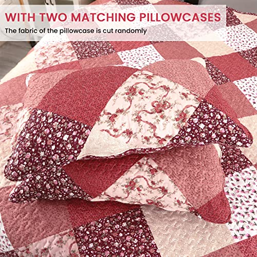 Qucover Quilt Queen Size, 3 Piece Multicolour Patchwork Print Red Pink Beige Floral Reversible Quilts Set, Soft Microfiber Lightweight Quilt Bedspread Bedding Set for All Seasons