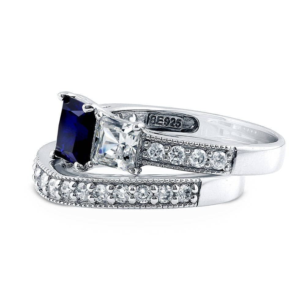 BERRICLE Sterling Silver 3-Stone Wedding Engagement Rings Simulated Blue Sapphire Princess Cut Cubic Zirconia CZ Ring Set for Women, Rhodium Plated Size 9