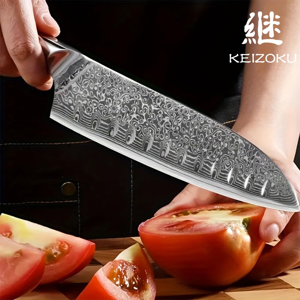 KEIZOKU Damascus Steel Santoku Knife 7 Inch, Japanese Professional 10Cr15MOV Blade with Hand Forged Hammer Pattern, Ultra Sharp Kitchen Knife with Abalone Shell Ergonomic Handle