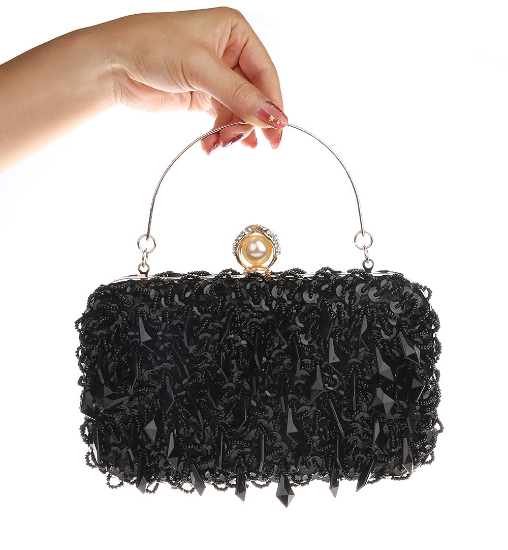 ASPHODELCHIC Women Sequins Rhinestone Evening Bag Beaded Crystal Bling Glitter Purse with Pearl Lock for Wedding Party (Black)