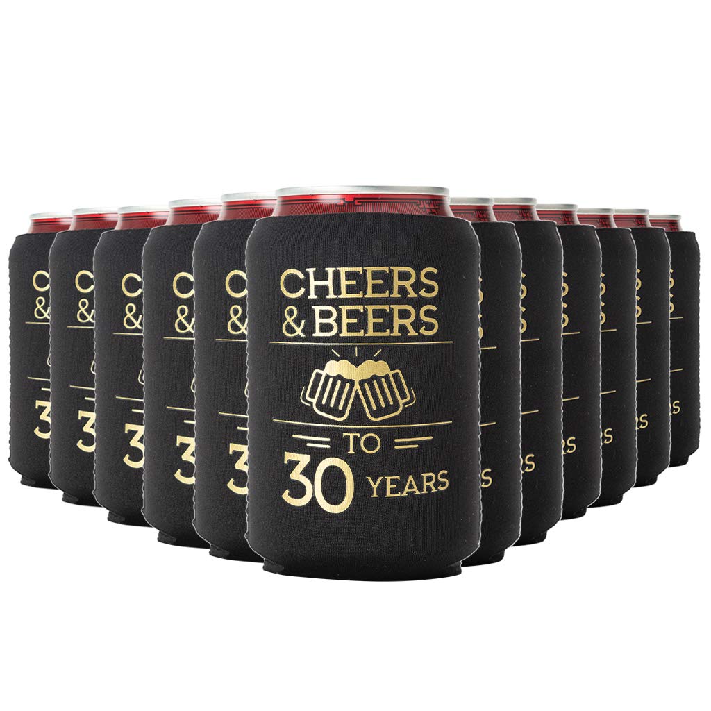 Cheers and Beers to 30 Years Can Coolers, 30th Birthday Party Coolies, Set of 12, Black and Gold Can Coolers, Perfect for Birthday Parties, Birthday Decorationsā¦