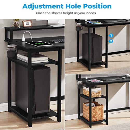 GreenForest Computer Desk with USB Charging Port and Power Outlet, Reversible Small Desk with Monitor Stand and Storage Shelves for Home Office, 40 in Work Desk with Cup Holder Hook, Black