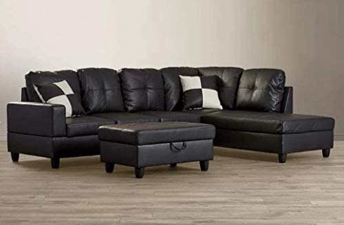 FlashBuy Sofa Sectional Sofa, L-Shape Faux Leather Sectional Sofa Couch Set with Chaise, Ottoman, 2 Toss Pillow Using for Living Room Furniture.(Black)