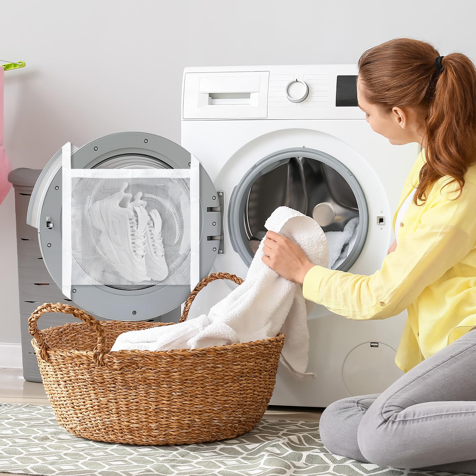 DAJISI Shoe Washing Machine Bag, Large 15.7inch Mesh Laundry Bag for Shoe Reusable Sneaker Cleaning Bag with Adjustable Strap for Shoes Clothes Washer & Dryer (White)