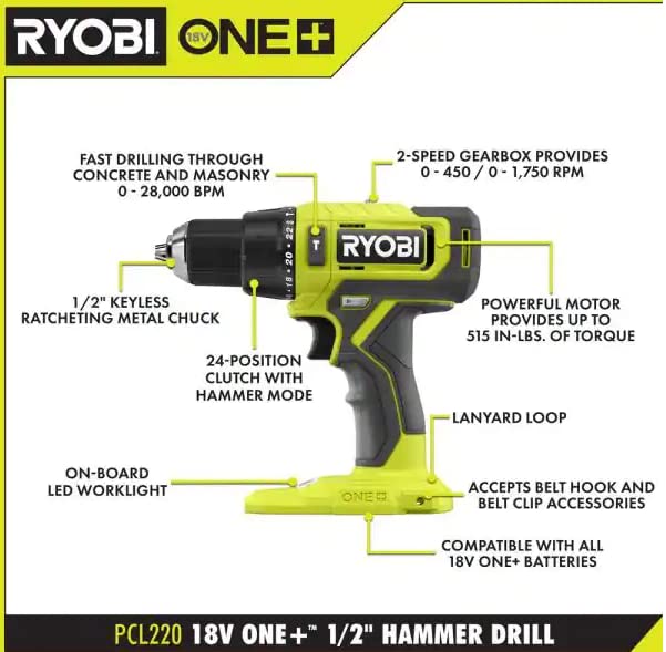 RYOBI ONE+ 18V Cordless 1/2 in. Hammer Drill (Tool Only)