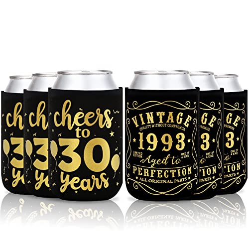 Cheers to 30 Years Can Sleeves Vintage 1993 30th Birthday Party Decorations for Men Supplies Can Cover Sleeves Black and Gold Neoprene Sleeves for Soda Can Beverage Set of 12