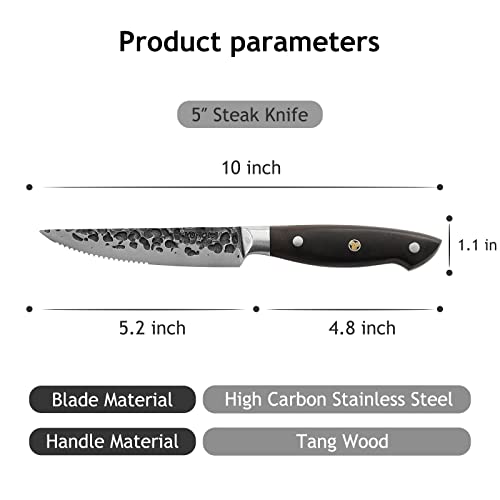 KONOLL Steak Knives Set of 6 Steaks Knife Serrated Blade Forged Handmade German High Carbon Steel with Full Tang Wood Handle