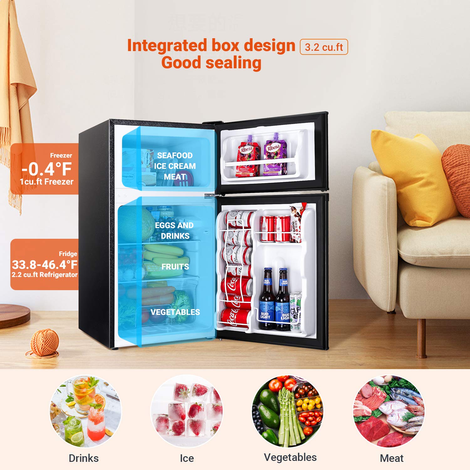 DSF Mini Fridge with Freezer, 3.2 Cu.Ft Mini Refrigerator, 2 Door, 37DB Low Noise, Engery Saving with LED Light, Low-frost Mini Fridge for Bedroom, Office, Dorm, RV, Apartment, Black- MPBFD321