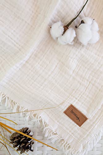 BROSS 100% Cotton Unisex Baby Blanket, 4-Layers, 110 * 120 cm, Swaddle Blanket for Newborn Babies, Soft Silky Blanket for Babies, Newborn Receiving Blanket, Baby Muslin Blanket Soft (Ecru)