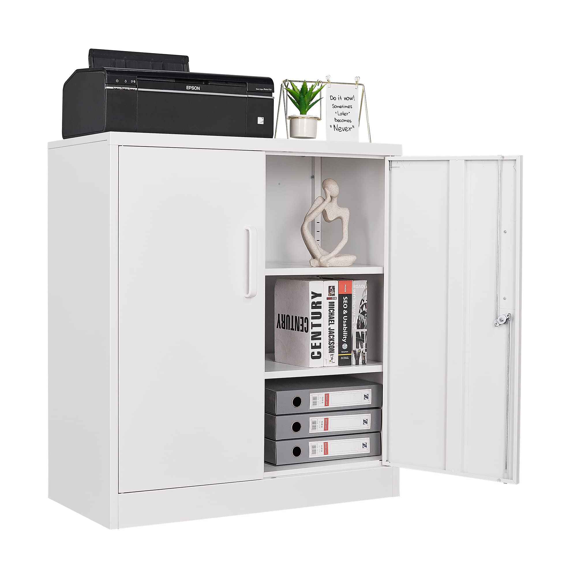 Anxxsu Metal Storage Cabinet, Lockable Steel Storage Cabinet with 2 Doors and Shelves, White Metal Cabinet with Lock, Small Locking Cabinet for Home Office