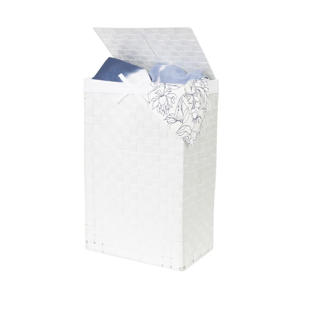 Compactor Rectangle Laundry Basket with Lid, Woven Washing Hamper for Storing Clothes and Linen in Bedrooms and Bathrooms, Removable Liner and Carry Handles, White, Stan Range
