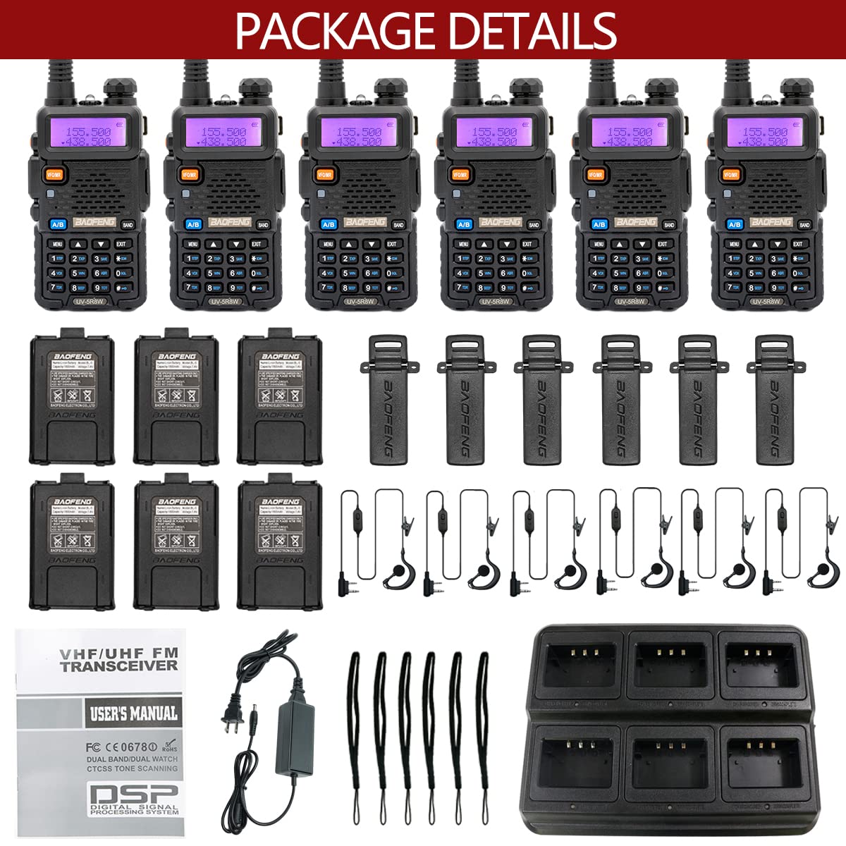 BAOFENG UV-5R 8W High Power Radio Long Range Walkie Talkie FCC ID Handheld Two Way Radio with 6 Way Multi Gang Charger,Programming Cable,6Pack