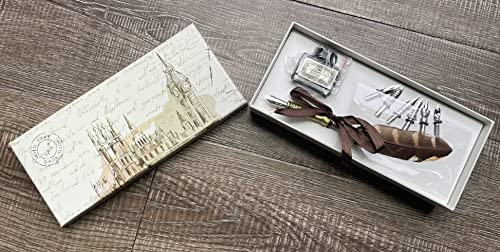 hhhouu Feather Pen and Ink Set, Quill Pen Set Antique Dip Pen with Ink and 6 Replacement Nibs 6pcs Nibs Calligraphy Pens for Beginners HO-Q-300