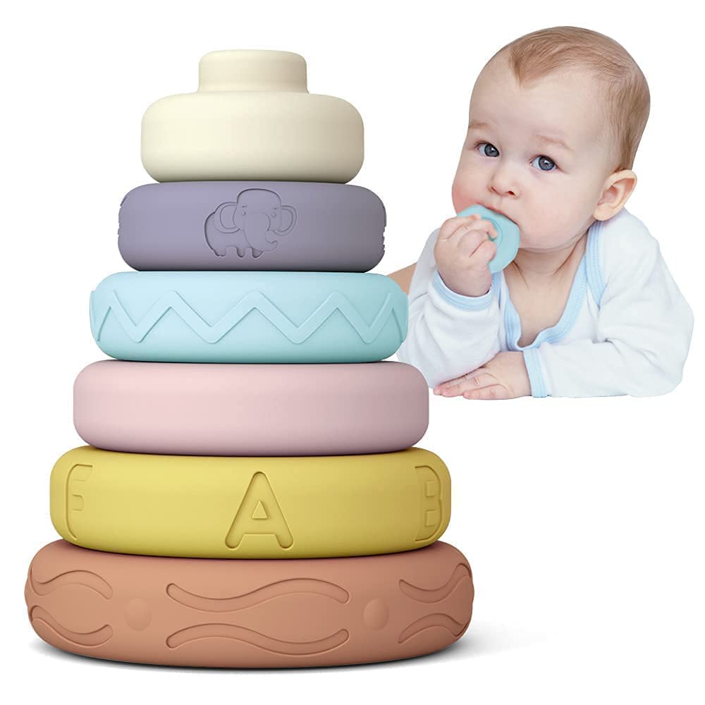 Mini Tudou Baby Blocks & Stacking Circles Toy Set, Baby Sensory Building & Teething Toys Educational Squeeze Play with Animals Shapes Textures Numbers, Best for Toddlers Babies 6m+