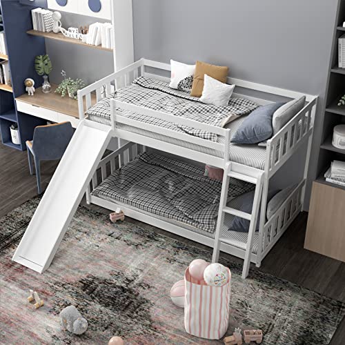 GORELAX Twin Over Twin Size Bunk Bed with Slide, Loft Low Bunk Beds, Wood Floor Bed Frame with Ladder & Guardrail, No Box Spring Needed, Space-Saving Modern Bunk Bed for Kids, Adults (White)
