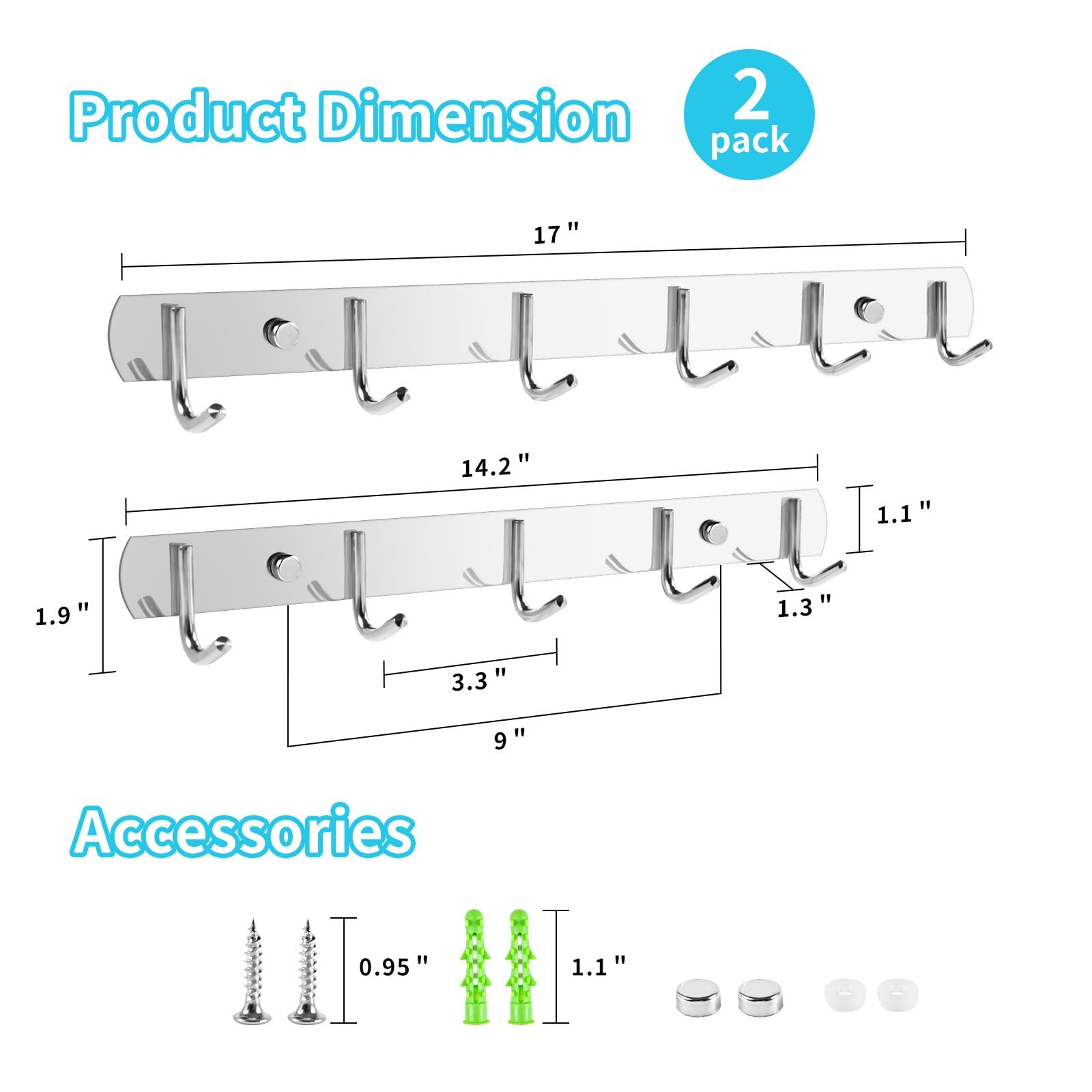 zmnklry Coat Rack Wall Mount, 6 Hook Coat Rack, Premium Stainless Steel Coat Rack Wall Mount, Upgrade Coat Hooks Wall Mount, Wall Mount Coat Rack, Wall Mount Coat Rack, Coat Racks (2-Pack)